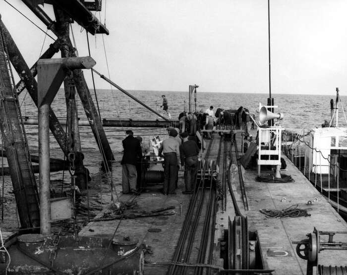 Pontoon deck of sea boring tower in the Forth, 1955 | ScotlandsPeople