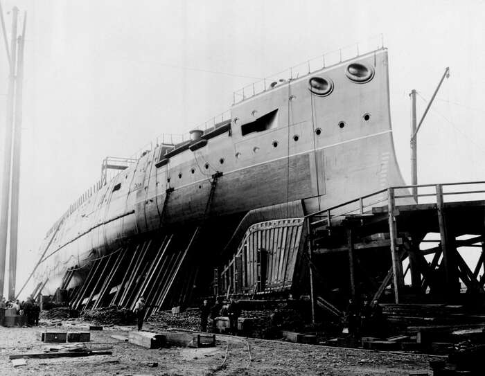 HMS Jupiter, view of the starboard-side under construction, 1894 ...