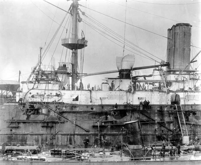 HMS Jupiter, view of the port-side from the bridge to the first funnel ...
