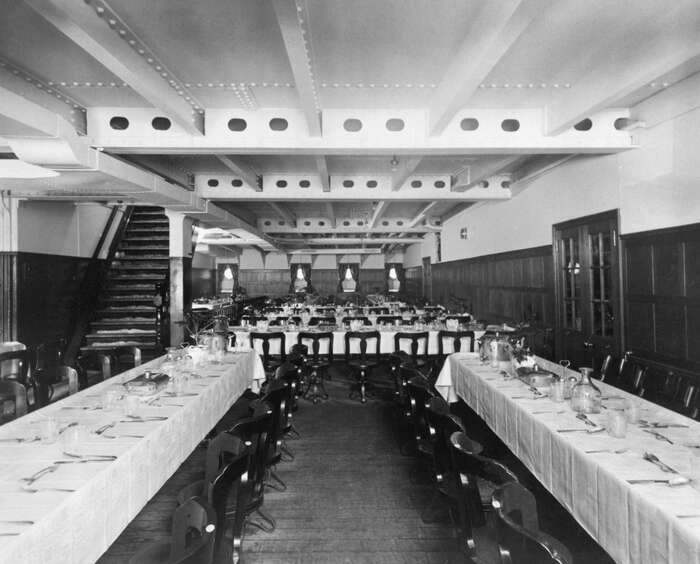 Third Class Dining Saloon \"D\" deck looking to port-side on the ...