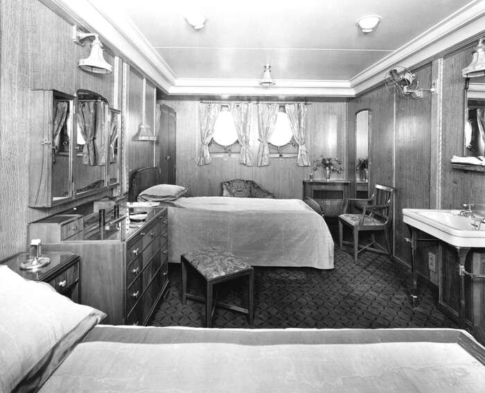 First class stateroom on Canadian Pacific Line ocean liner 'RMS Empress ...