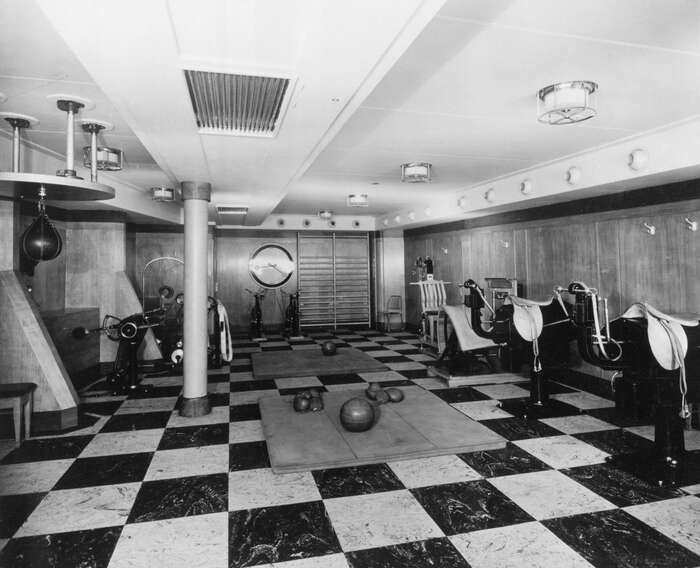 The Tourist Gymnasium looking aft on board the Cunard Line ocean liner ...
