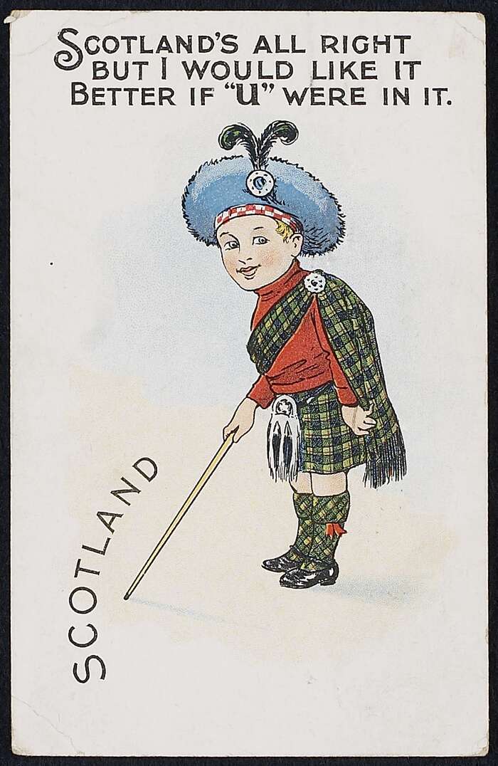 Comic postcard of a boy in Highland dress | ScotlandsPeople